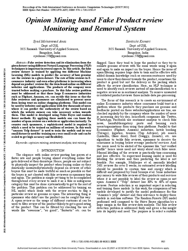 Fake Review Detection Iee Paper | PDF | Machine Learning | Statistical ...