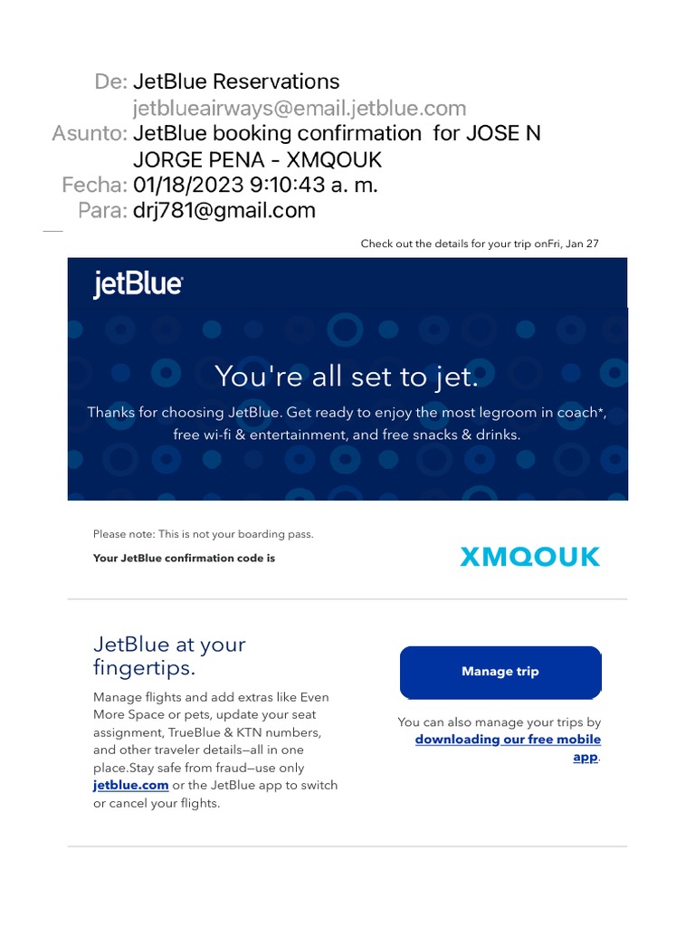JetBlue Booking Confirmation For JOSE N JORGE PENA - XMQOUK PDF | PDF ...