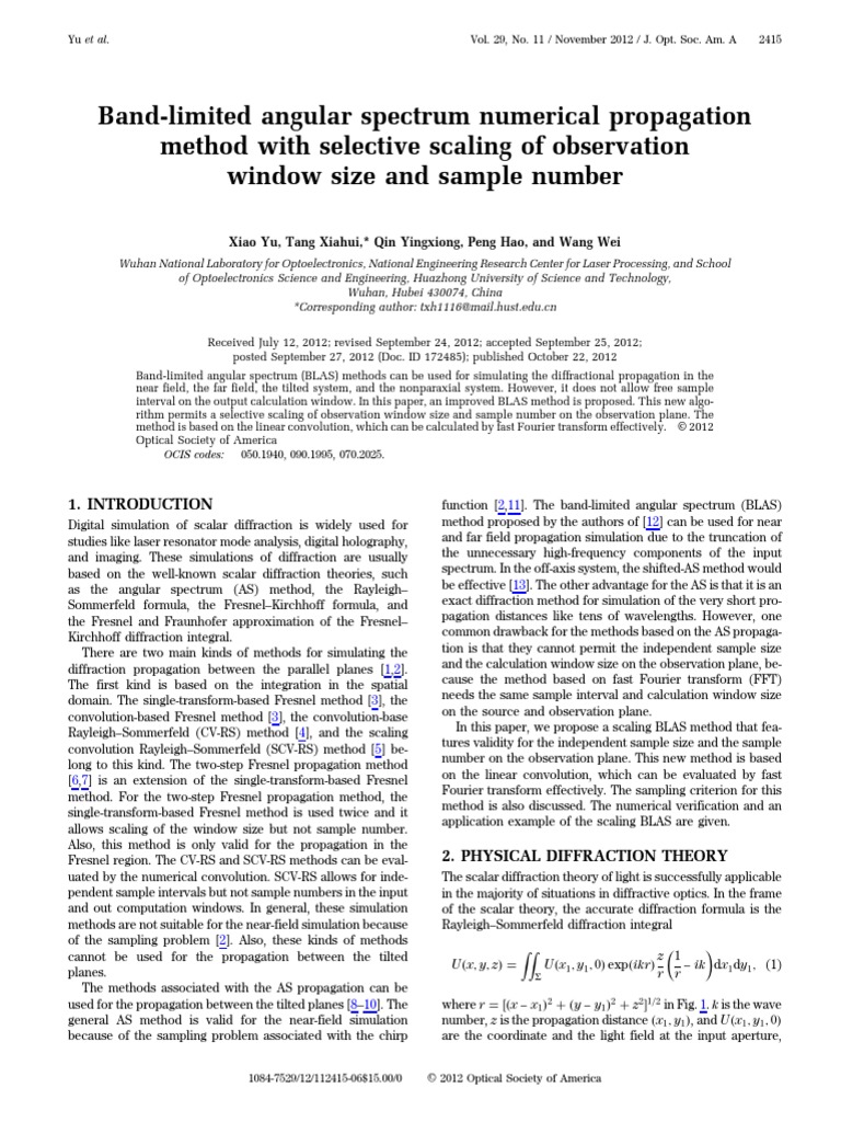 Band-Limited Angular Spectrum Numerical Propagation Method With Selection Scaling of Obervation ...
