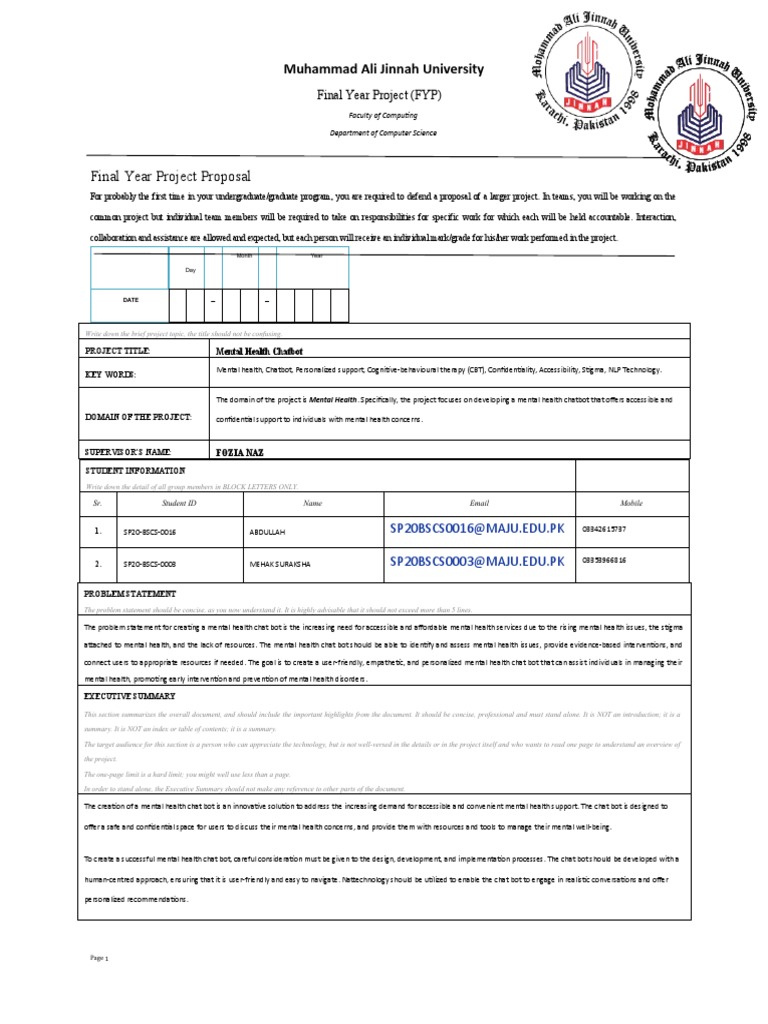 MAJU FYP Project Proposal | PDF | Mental Health | Cognitive Behavioral Therapy