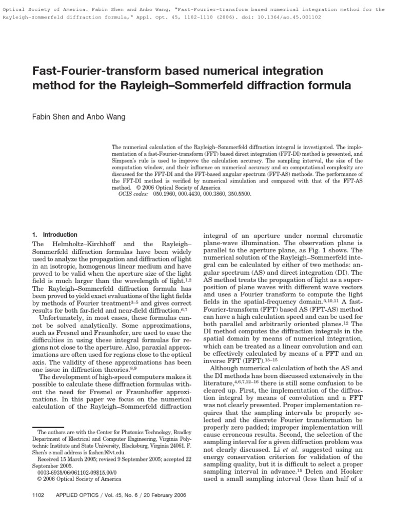 Fast-Fourier-transform Based Numerical Integration Method For The RayleighSommerfeld Diffraction ...