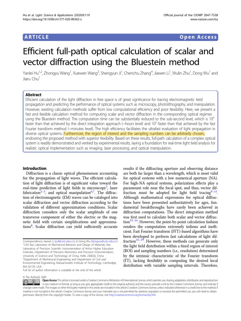 Efficient Full Path Optical Calculation Of Scalar And Vector Diffraction Using The Bluestein