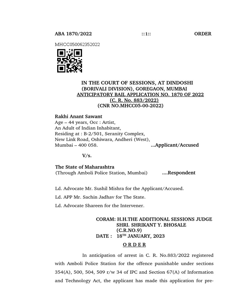 Rakhi Sawant - Sessions Court - ORDER | PDF | Bail | Justice