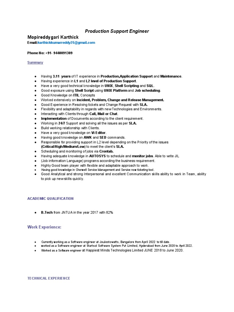 Production Support Engineer: A Summary of Technical Skills and Work ...