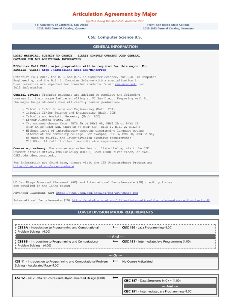 MESA To UCSD For 2022-2023 by CSE Computer Science B.S | PDF | Computer Programming | Mathematics