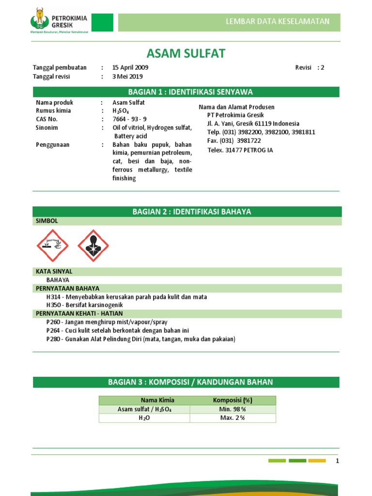 MSDS Asam Sulfat Petrokimia Gresik Terbaru | PDF