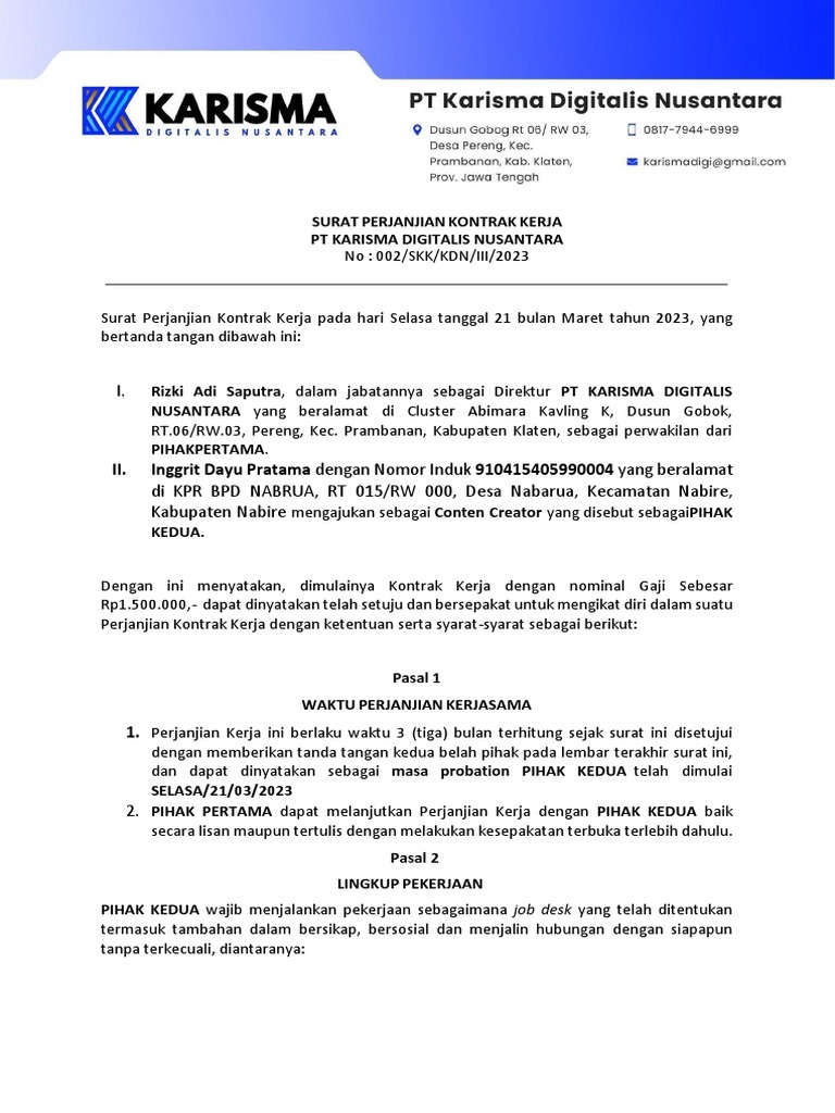 Surat Kontrak Kerja KDN Inggrit | PDF