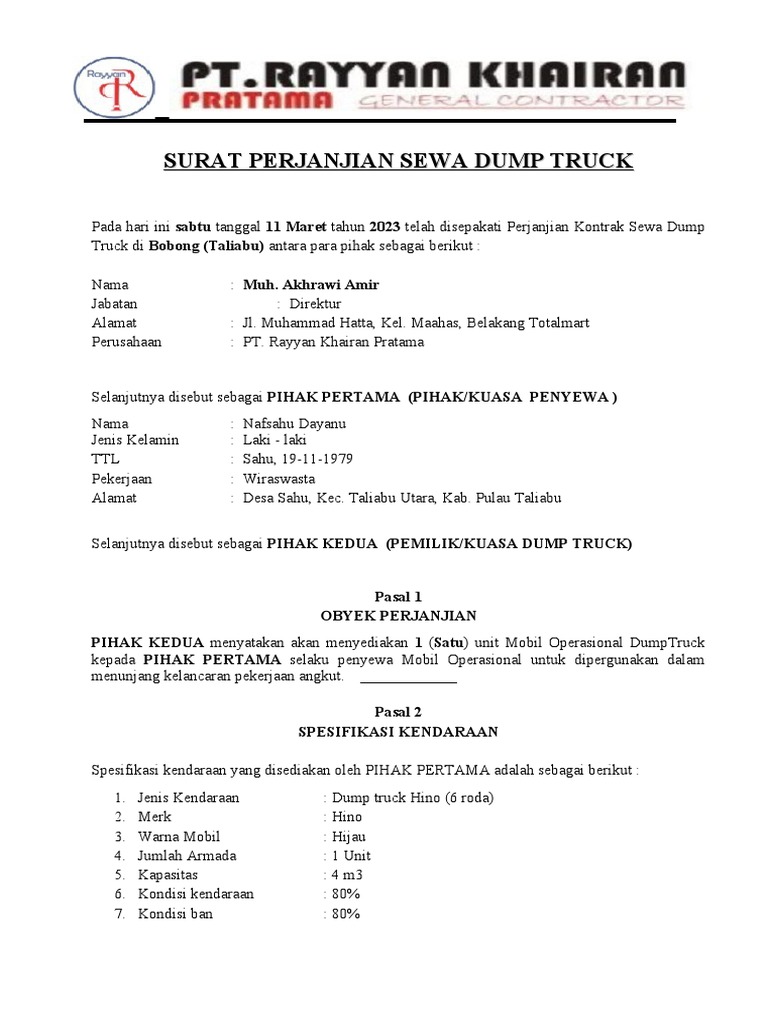 Dokumen Perjanjian Kontrak Mobil Truk | PDF