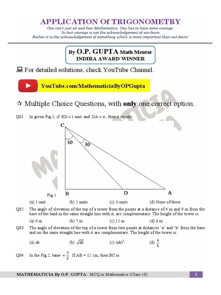 Class 10 Trigonometry MCQs with Answers | PDF | Multiple Choice | Science