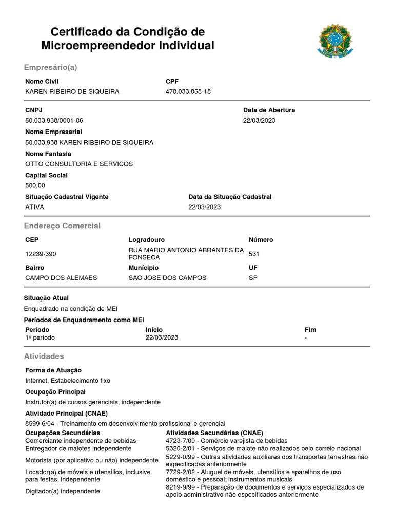 Certificado Da Condição de Microempreendedor Individual: Empresário (A ...