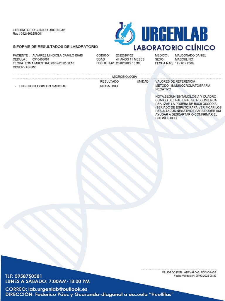 Informe de Resultados de Laboratorio: - Tuberculosis en Sangre Negativo ...