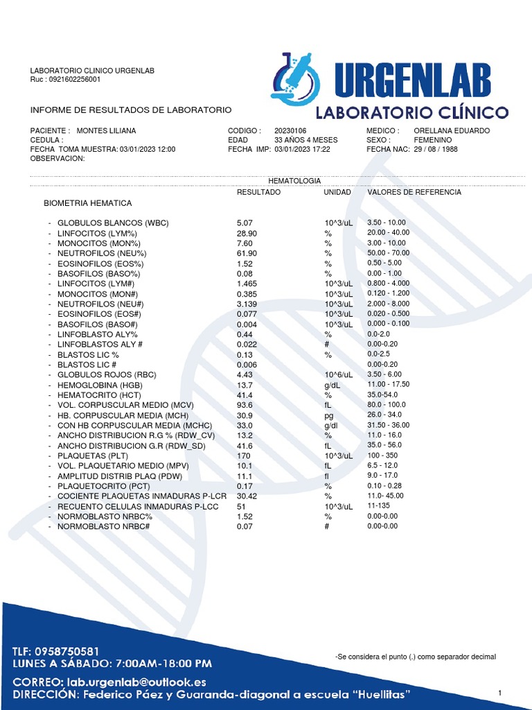 Informe de Resultados de Laboratorio | PDF | Patologia clinica | Biología Celular