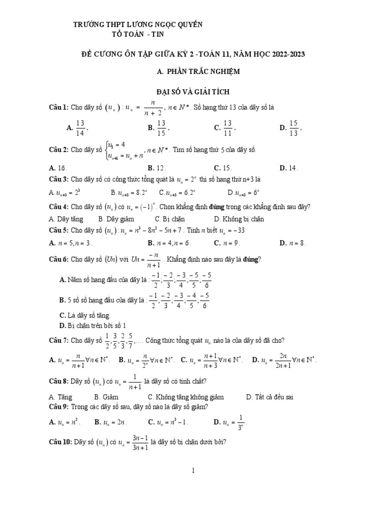 De Cuong Giua Ky 2 Toan 11 Nam 2022 2023 THPT Luong Ngoc Quyen Thai Nguyen | PDF
