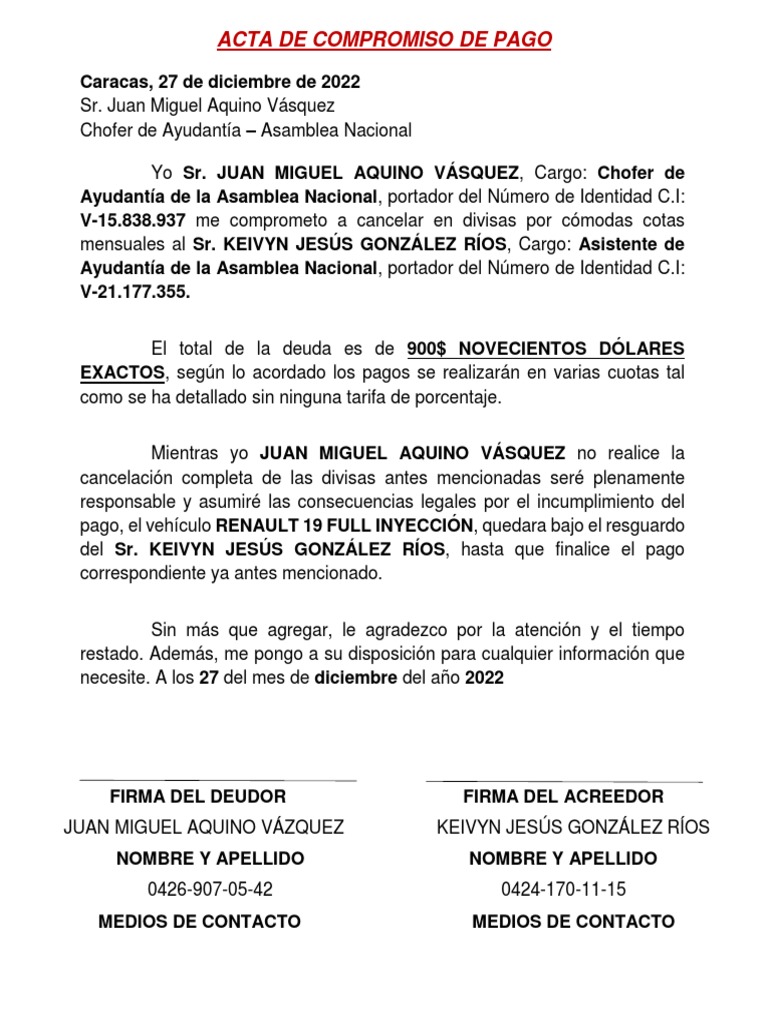 Acta de Compromiso de Pago Vehiculo PDF | PDF