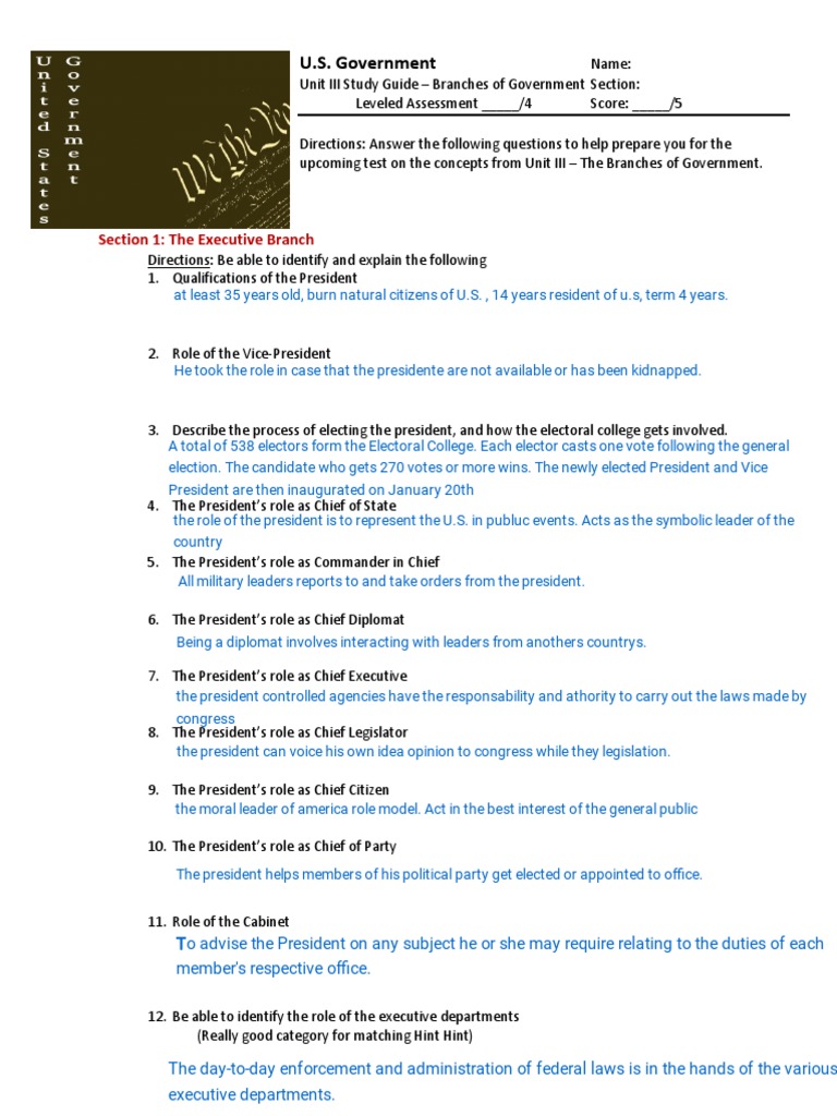 Study Guide: U.S. Government Branches | PDF | American Government ...