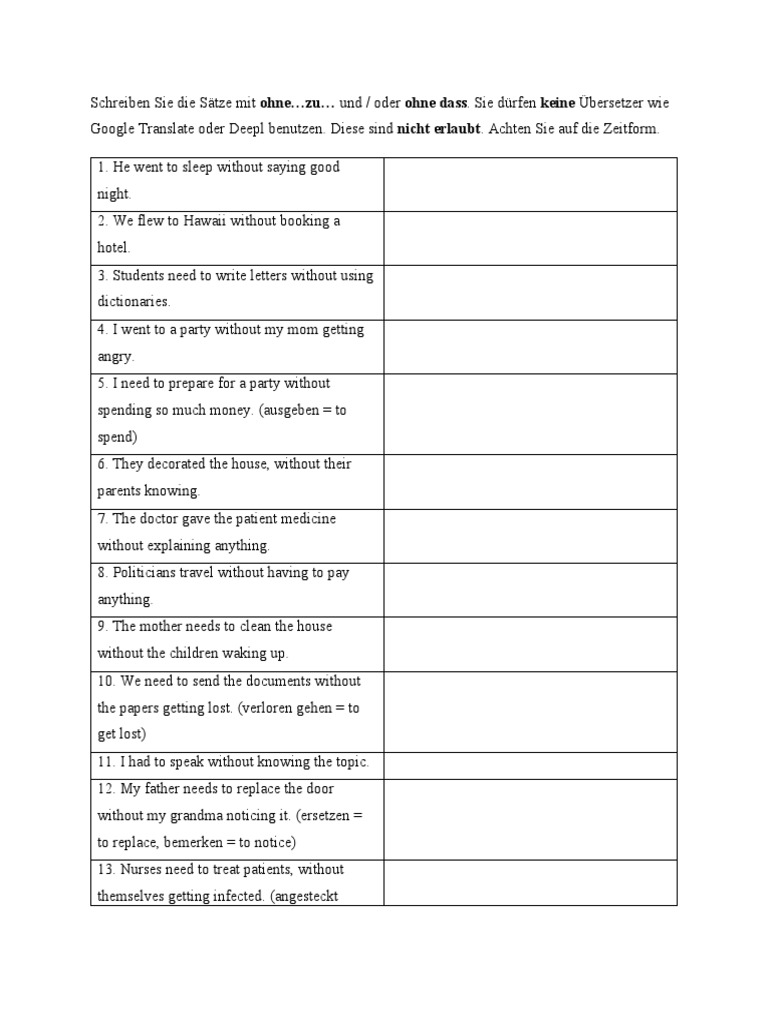 Ohne U. Anstatt Zu Übersetzungsübung | PDF