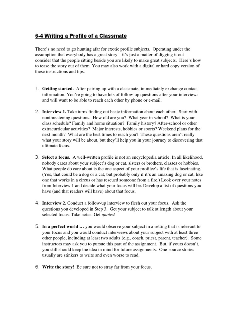 Classmate Profile Writing Guide | PDF | Interview | Science