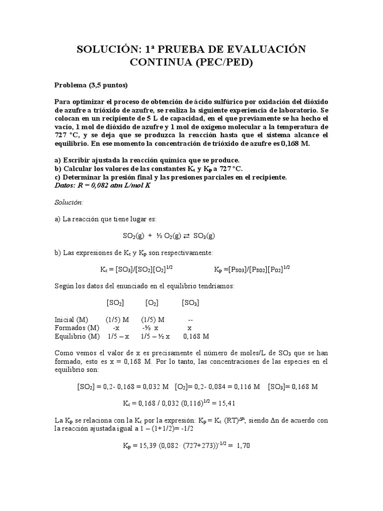 1 PEC - Solución | PDF | Dióxido de azufre | Equilibrio químico