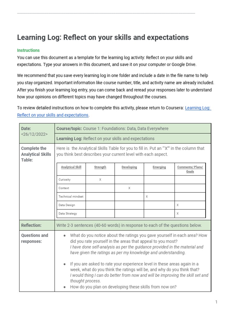 26 - 12learning Log Template - Reflect On Your Skills and Expectations ...