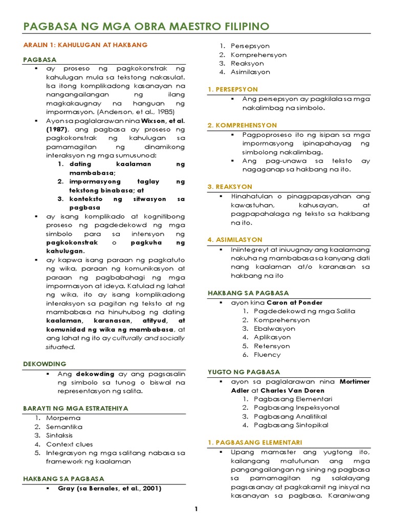 Pagbasa NG Mga Obra Maestro Filipino | PDF