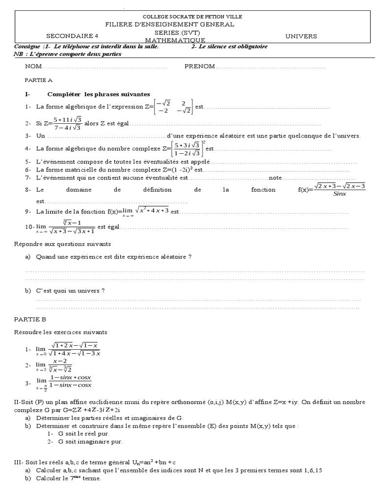 Examen Mathématique NS4 | PDF | Géométrie | Mathématiques