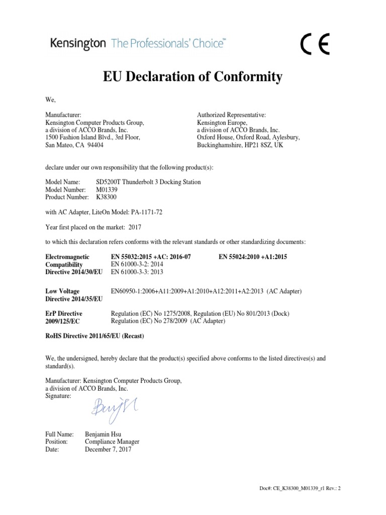 Kensington EU Declaration of Conformity | PDF | Business | Computers