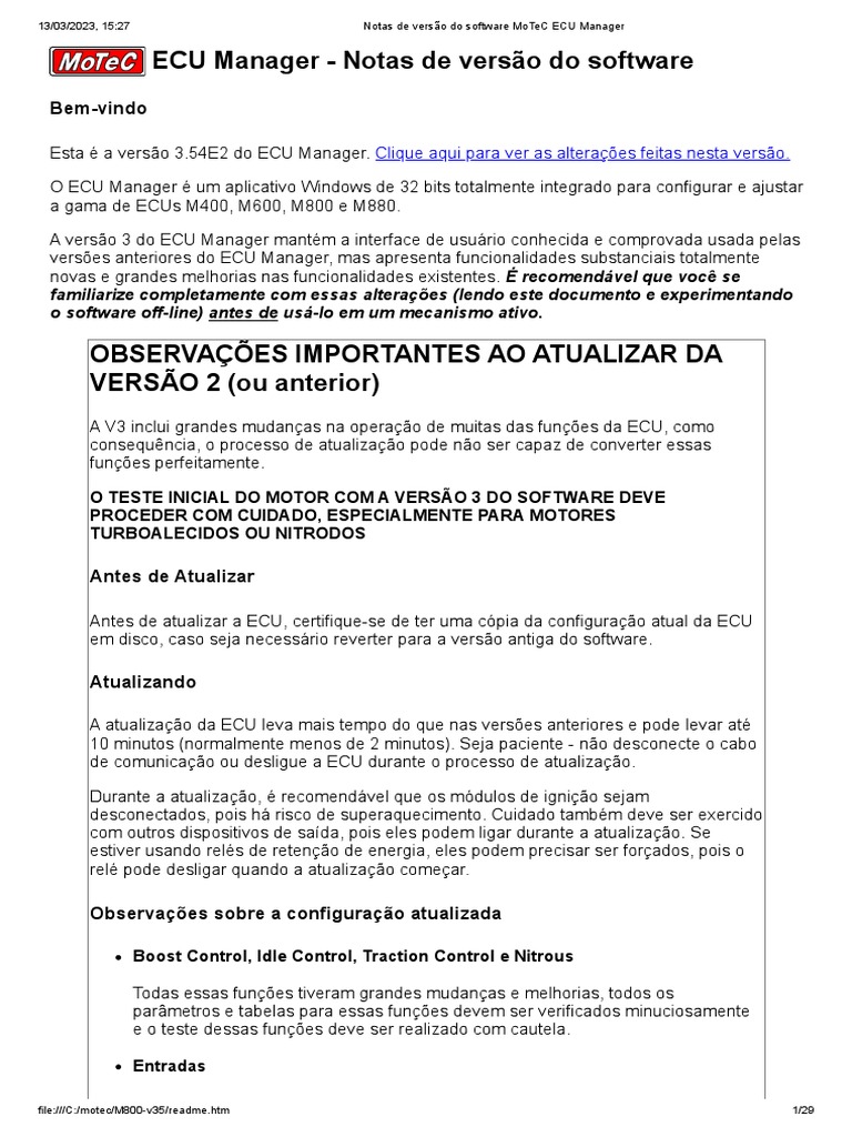 Notas de Versão do MoTeC ECU Manager | PDF | Microsoft Windows ...