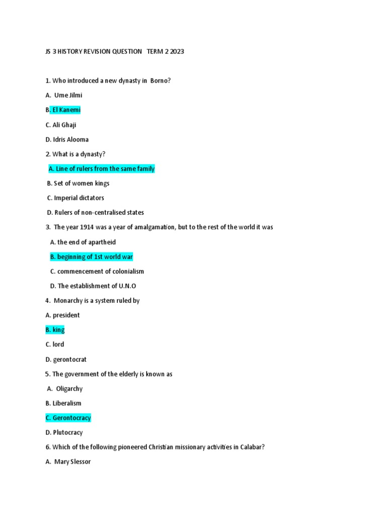 JS 3 History Revision Question Term 2 2023 | PDF | Nigeria | West Africa