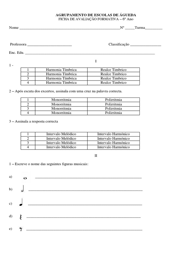 Formulário de avaliação formativa de música para alunos do 6o ano | PDF ...