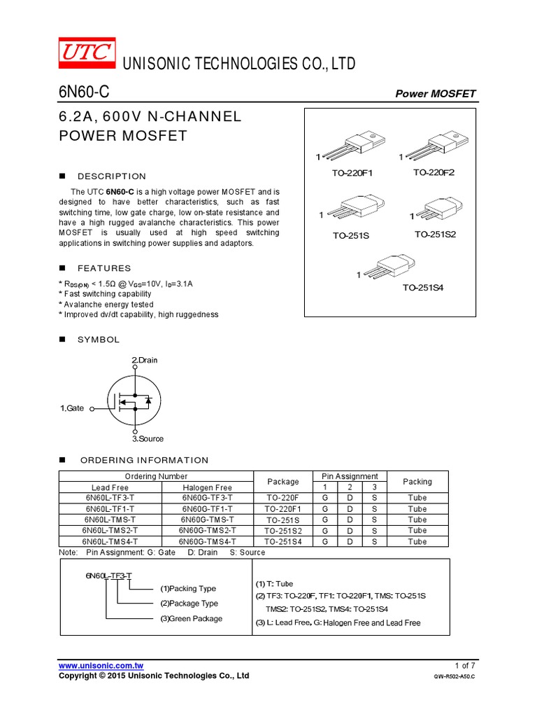 Unisonic Technologies Co., LTD: 6.2A, 600V N-CHANNEL Power Mosfet | Download Free PDF | Mosfet ...