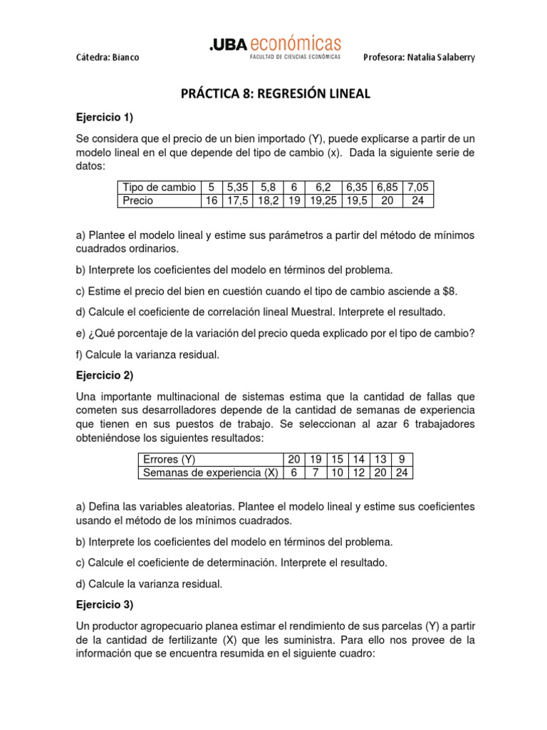 Práctica 8 Regresión Lineal PDF | PDF | Coeficiente de determinación | Mínimos cuadrados ordinarios