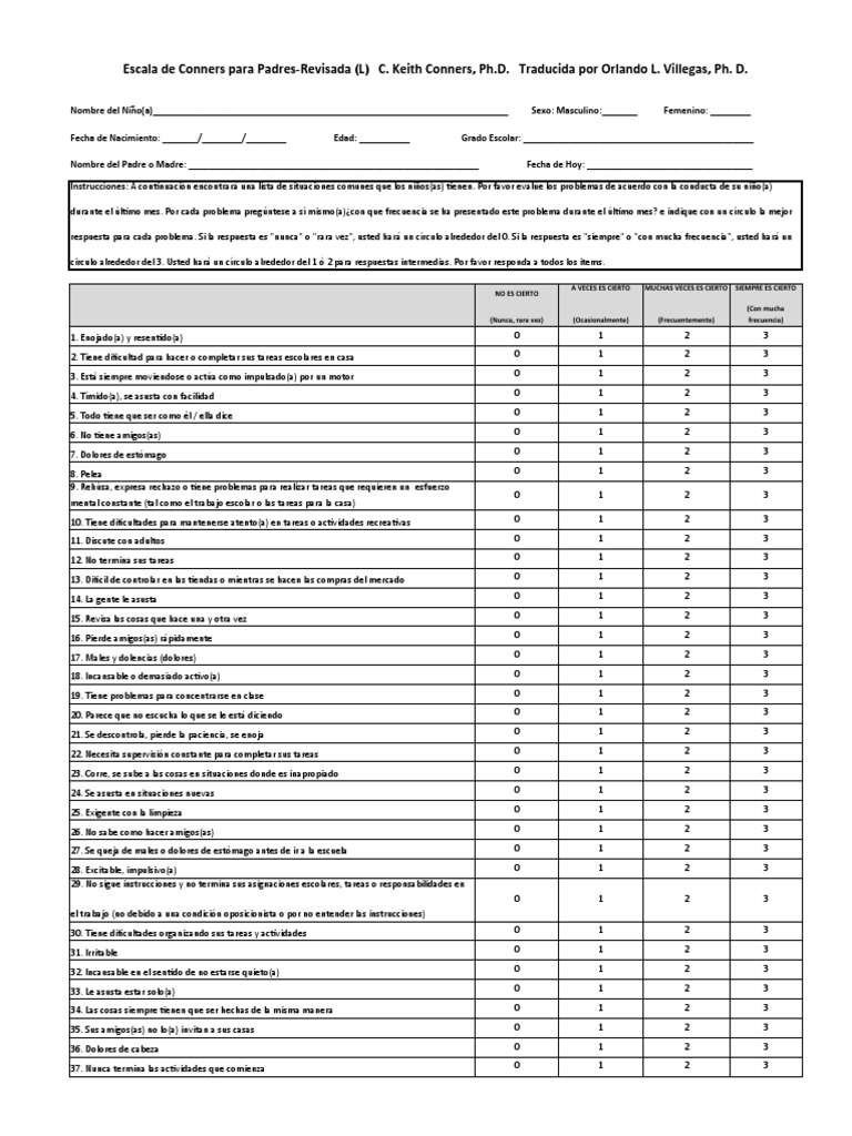 Escala de Conners | Descargar gratis PDF | Ocio | Agitación