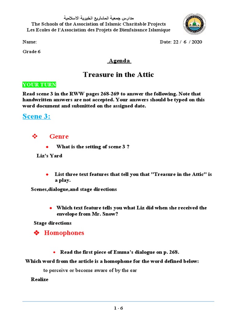 English G6 U4 L2 Treasure in The Attic HW 1 | PDF