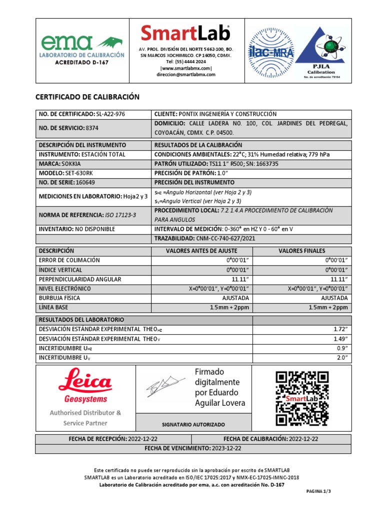 Certificado de Calibración SMARTLAB | PDF | Calibración | Incertidumbre