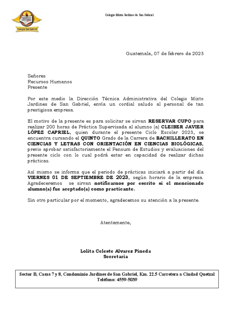 Carta de Solicitud de Práctica | PDF