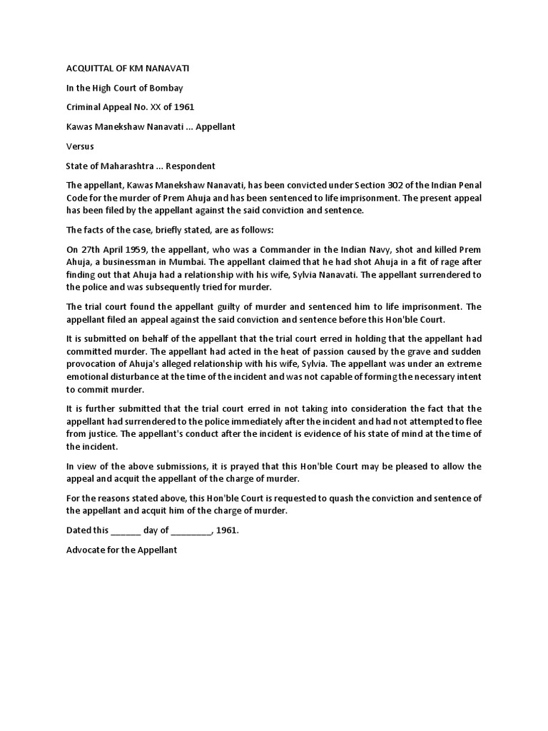 Nanavati Murder Case Appeal Summary | PDF | Government | Crime & Violence
