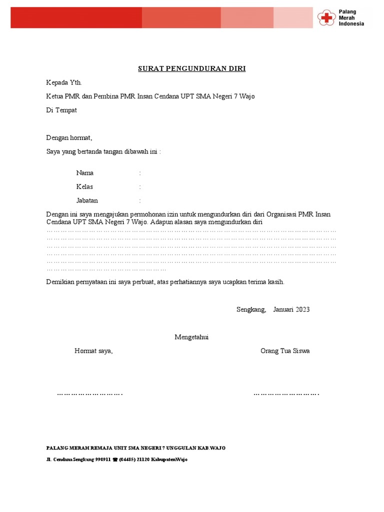 Contoh Surat Pengunduran Diri PMR | PDF