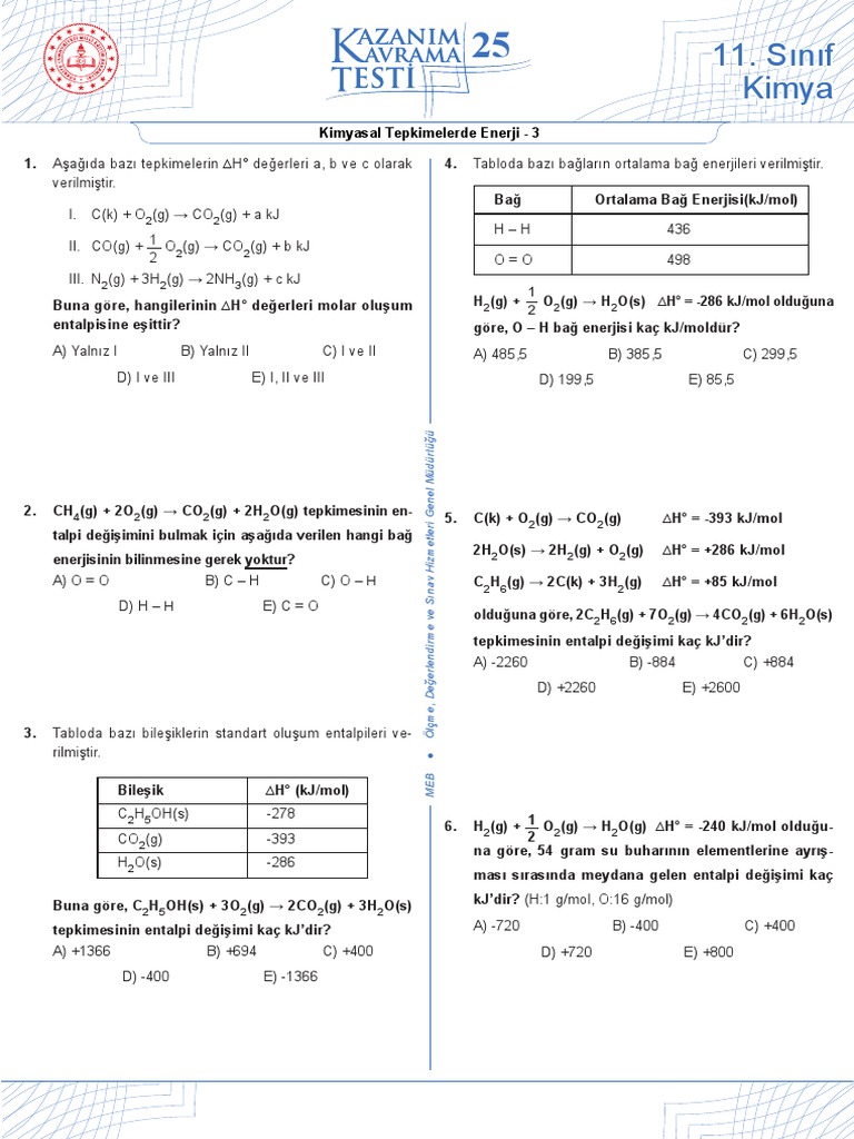 Sınıf 11. Sınıf Kimya Kimya: Kimyasal Tepkimelerde Enerji - 3 | PDF