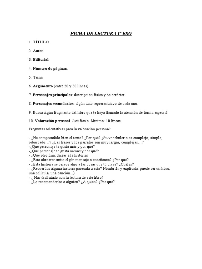 Ficha de Lectura 1º Eso | PDF