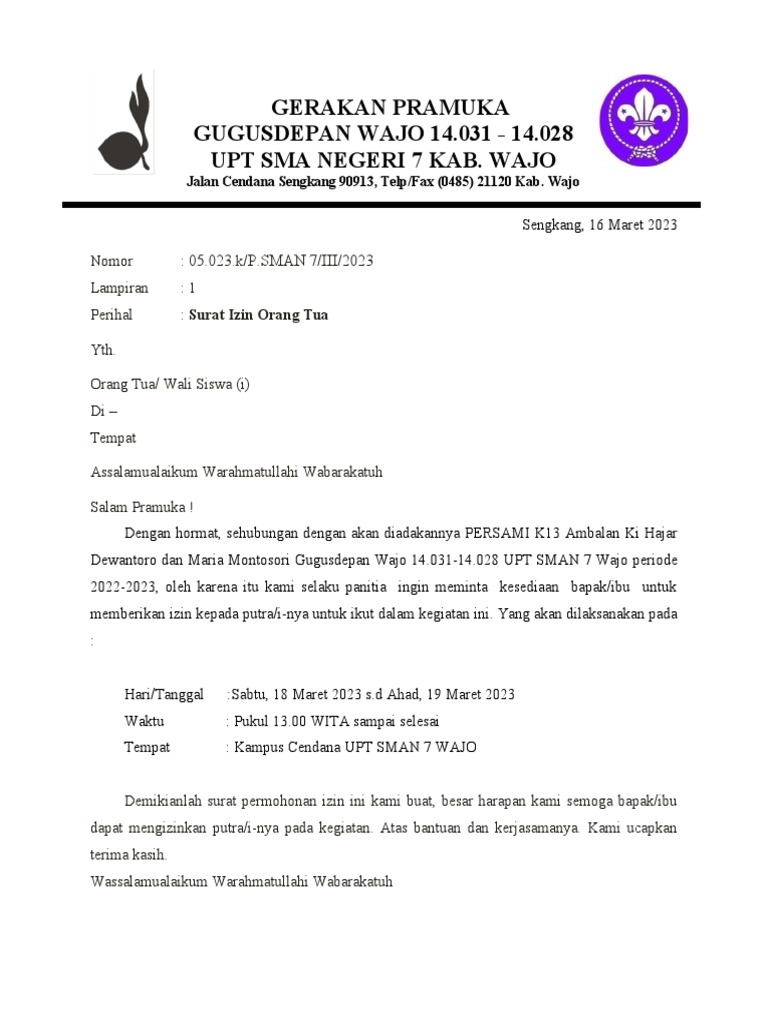 Surat Izin PERSAMI Pramuka | PDF