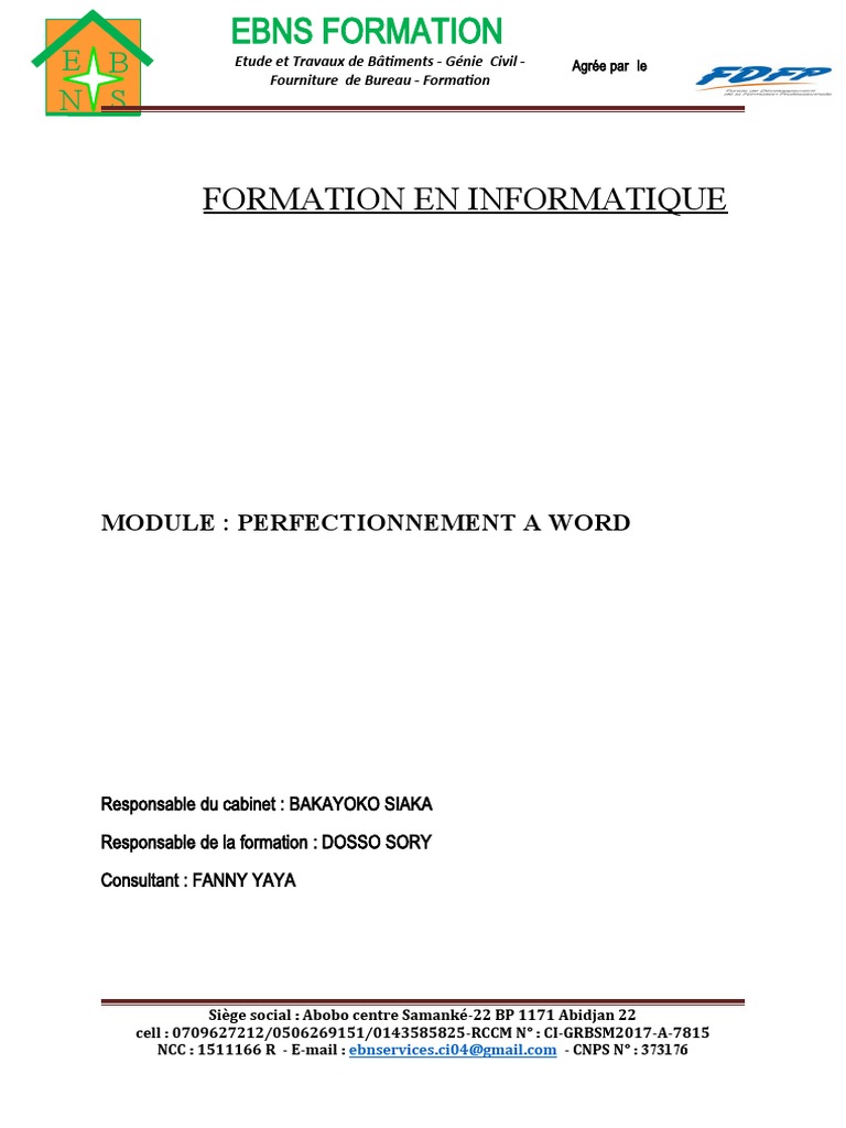 Page de Garde Du Support de Cours de Formation en Formatique | PDF ...