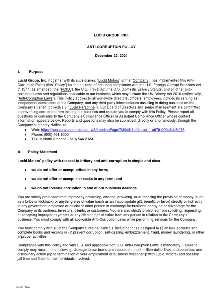 Lucid Motors Anti-Corruption Policy | PDF | Bribery | Corruption