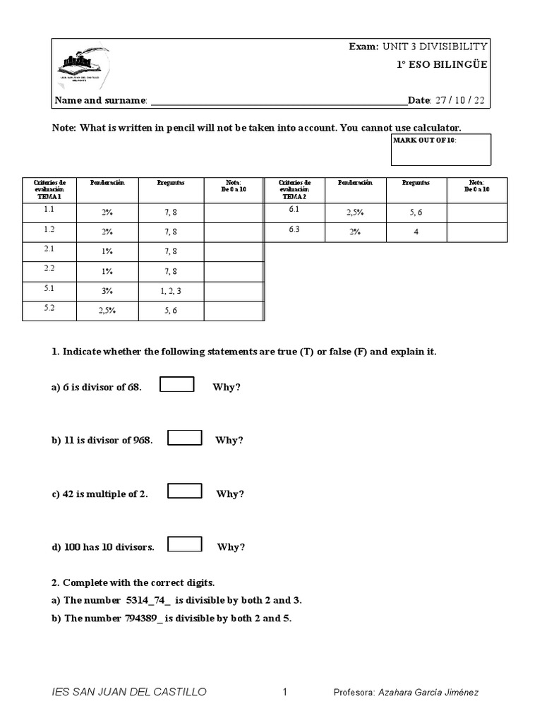 Exam Unit3 Divisibility - Odt | PDF | Division (Mathematics) | Discrete Mathematics