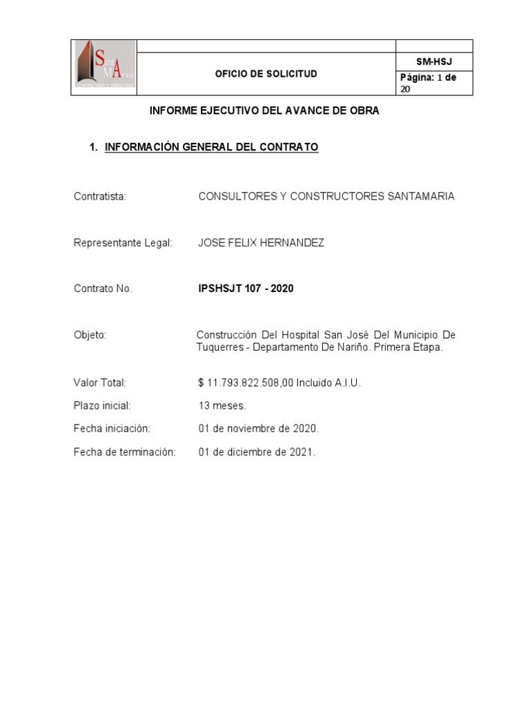 Informe ejecutivo del avance de obra del Hospital San José en Tuquerres | PDF | Hormigón ...