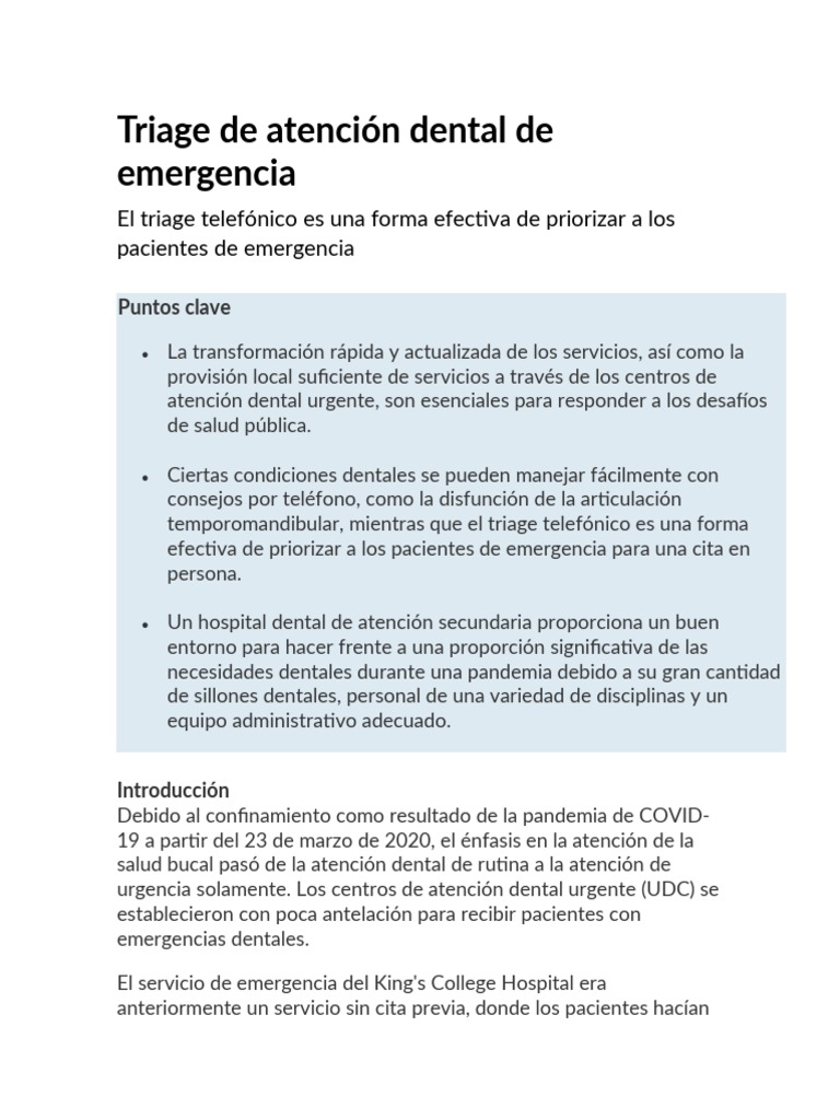 Triage de Atención Dental de Emergencia | PDF | Hospital | Odontología