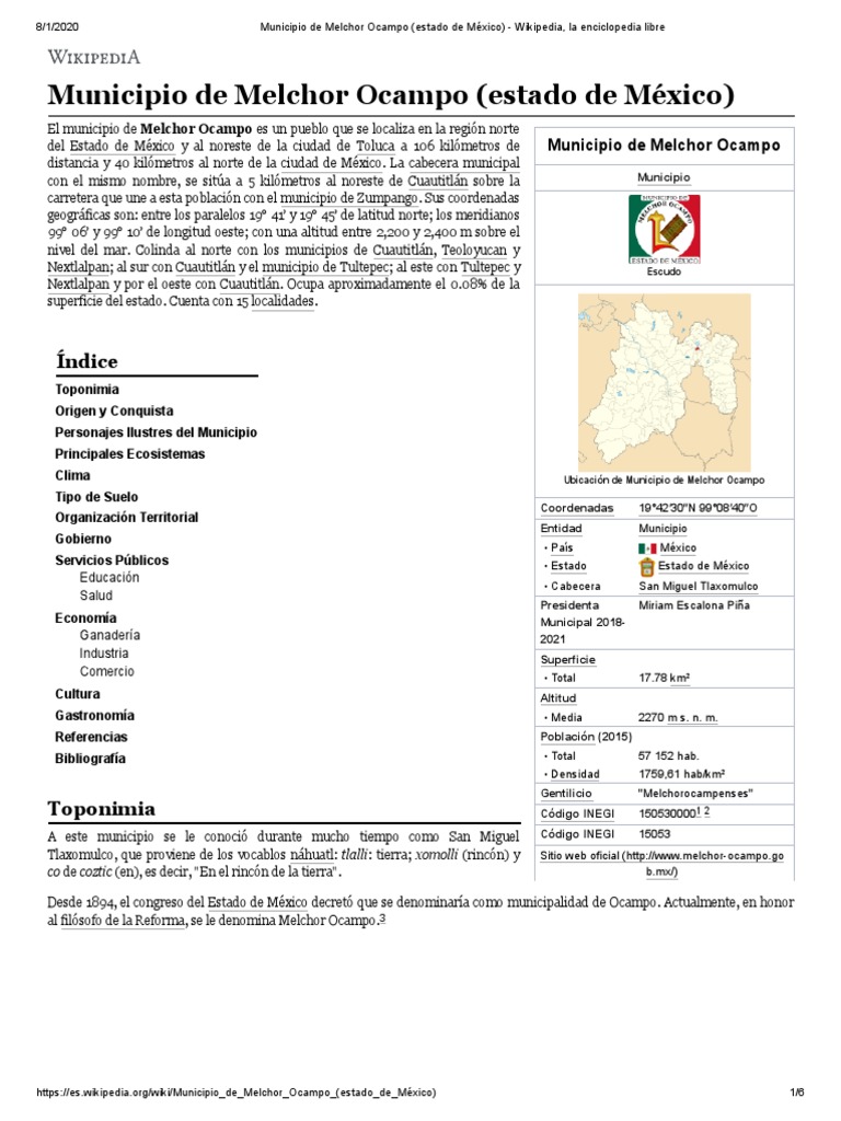 Municipio de Melchor Ocampo (Estado de México) - Wikipedia, La Enciclopedia Libre | PDF | Viajes ...