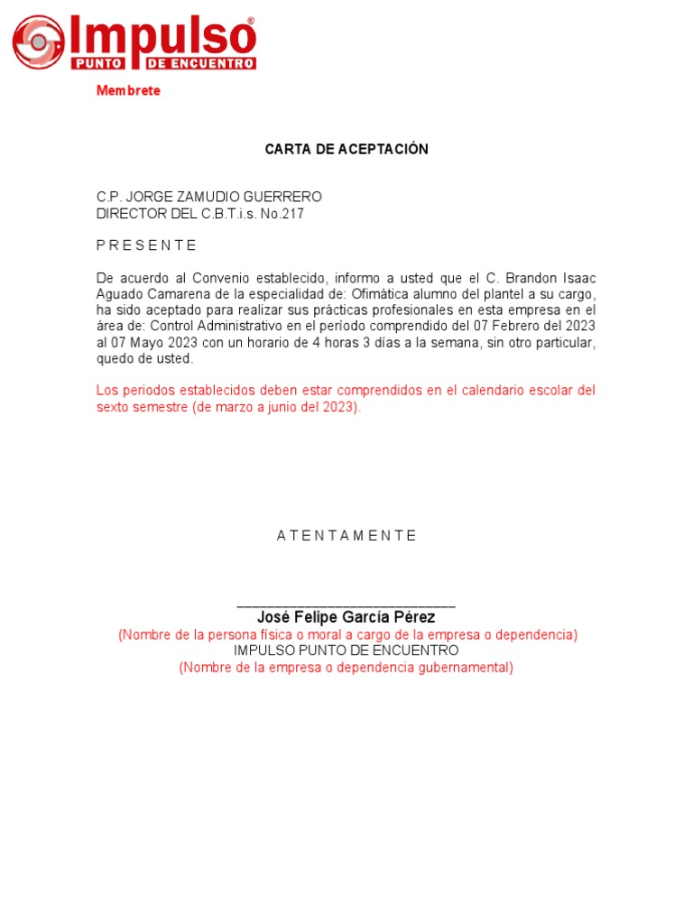 004 Ejemplo Carta de Aceptación | PDF