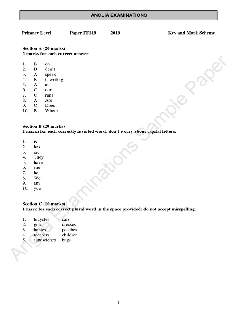 Anglia Examinations Primary Level Paper Key | PDF | Linguistics