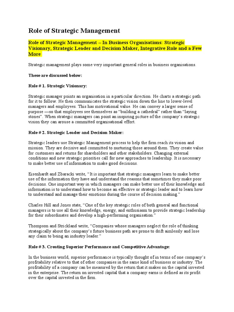 Role of Strategic Management | PDF | Strategic Management | Globalization