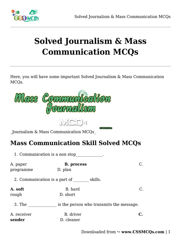 Solved Journalism & Mass Communication MCQs | PDF | Communication | Grammatical Gender
